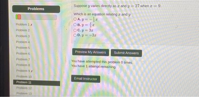 Solved Suppose y varies directly as x and y=27 when x=9. | Chegg.com
