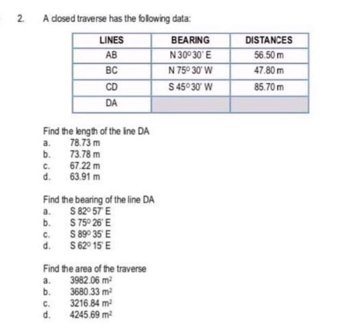 Solved 2. A closed traverse has the folowing data: LINES AB | Chegg.com