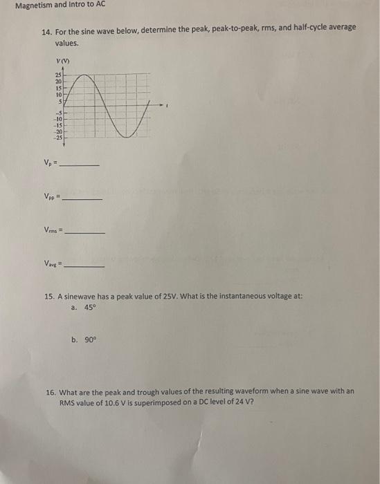 Solved 14. For the sine wave below, determine the peak, | Chegg.com
