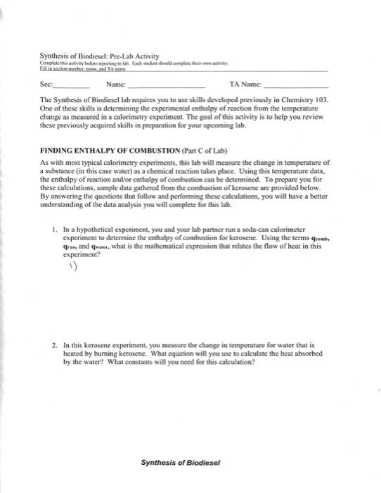 Solved Synthesis of Biodiesel: Pre-Lab Activity Complete the | Chegg.com