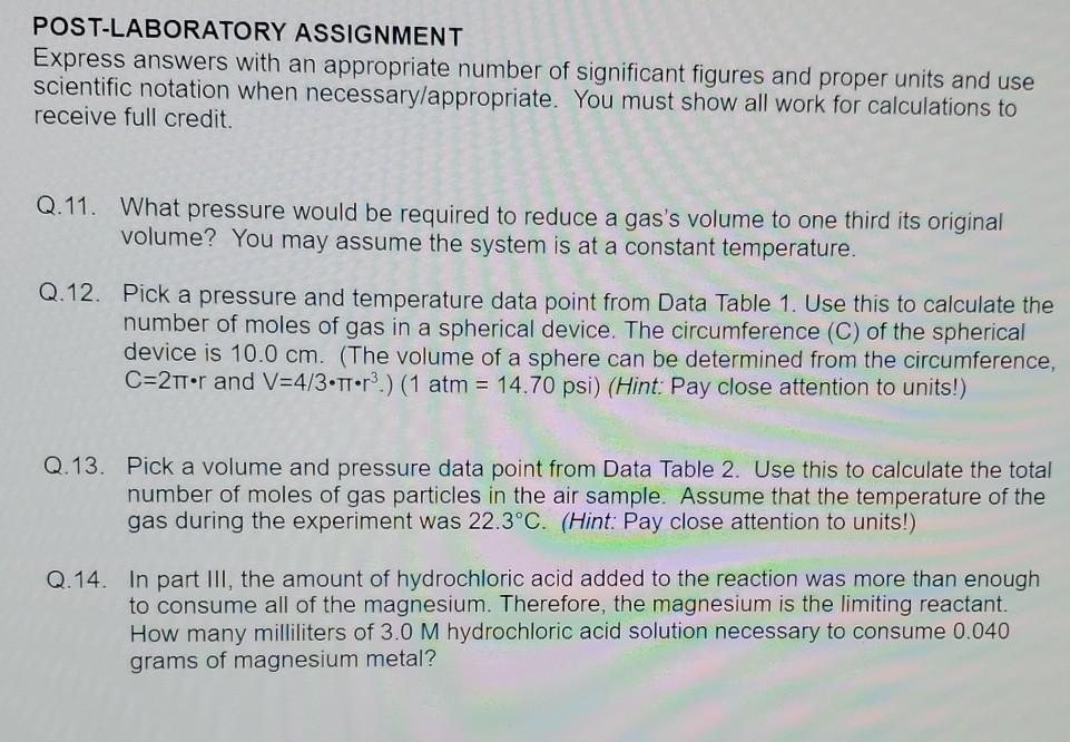 Solved POST-LABORATORY ASSIGNMENT Express answers with an | Chegg.com