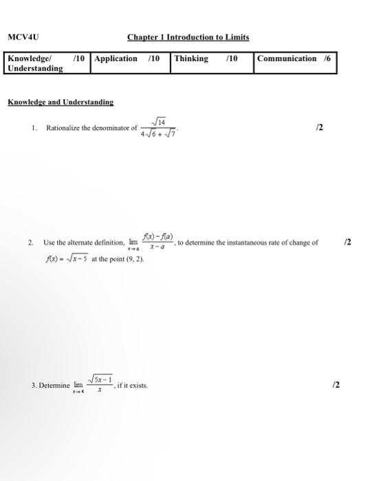 Solved MCV4U Chapter 1 Introduction to Limits Knowledge and | Chegg.com