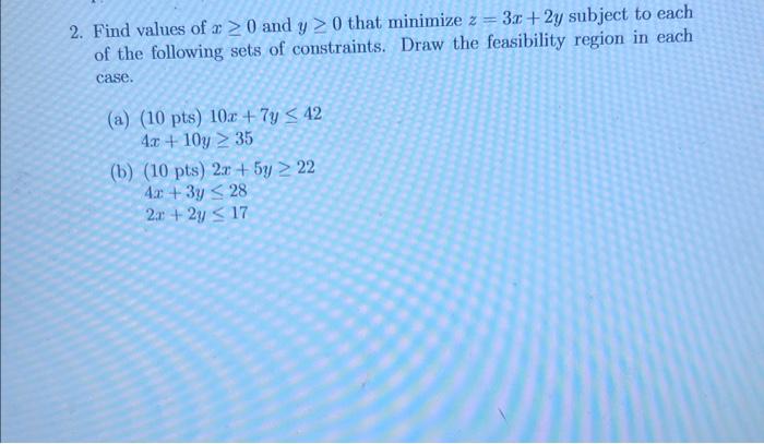 Solved 2. Find values of x≥0 and y≥0 that minimize z=3x+2y | Chegg.com