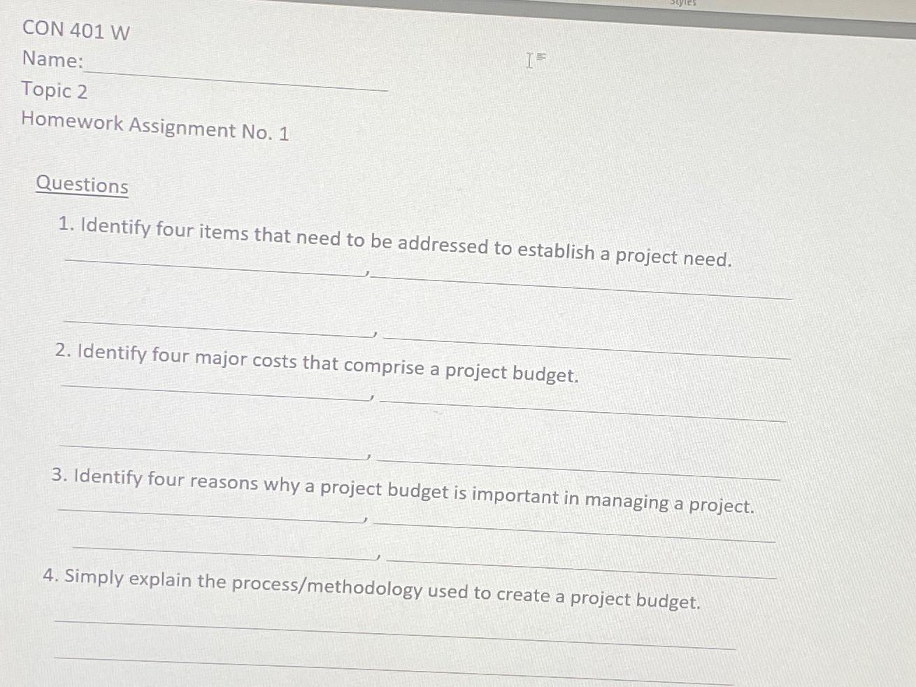 Solved CON 401WName:Topic 2Homework Assignment | Chegg.com