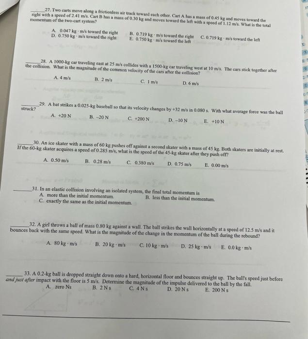 Solved 27. Two carts move along a frictionless air track | Chegg.com