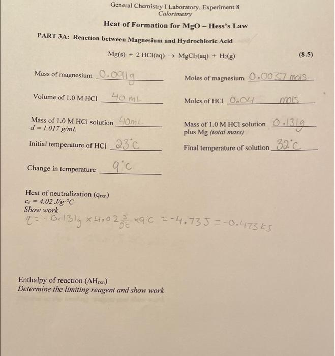 Solved Heat of Formation for MgO - Hess's Law PART 3A: | Chegg.com