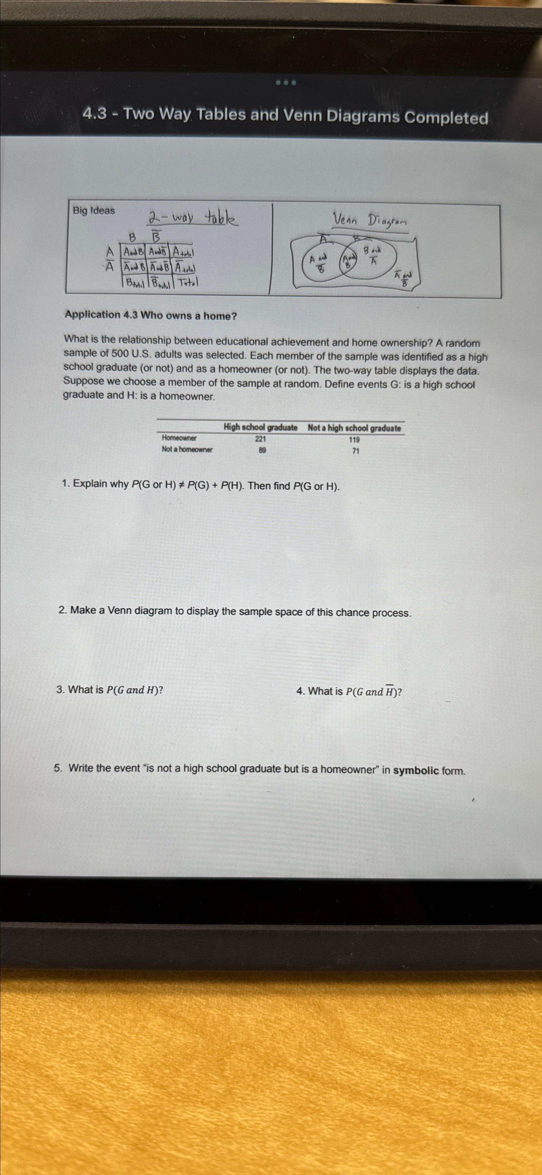 4.3 - ﻿Two Way. Tables and Venn Diagrams | Chegg.com