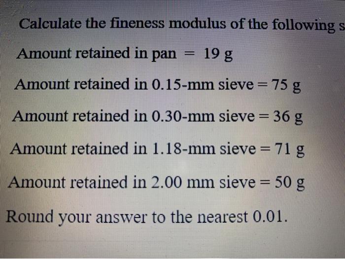 Solved Calculate the fineness modulus of the following s | Chegg.com