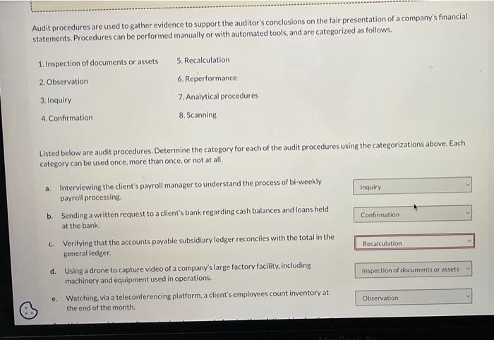 Solved Audit procedures are used to gather evidence to | Chegg.com