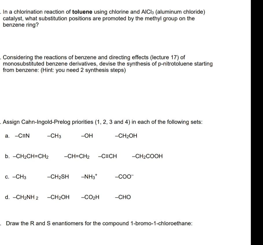 Solved In a chlorination reaction of toluene using chlorine | Chegg.com