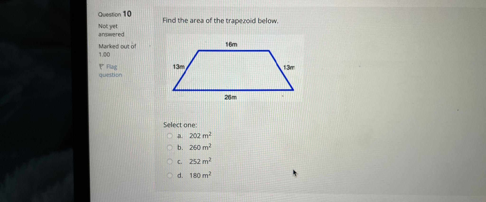 Solved Question 10Not yet Find the area of the trapezoid | Chegg.com