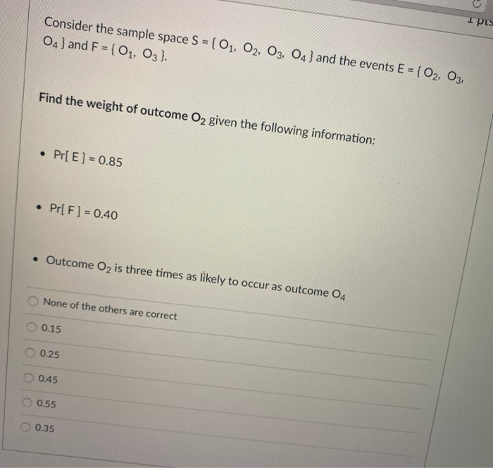 Solved I pes Consider the sample space S = { O1, O2, O3, | Chegg.com