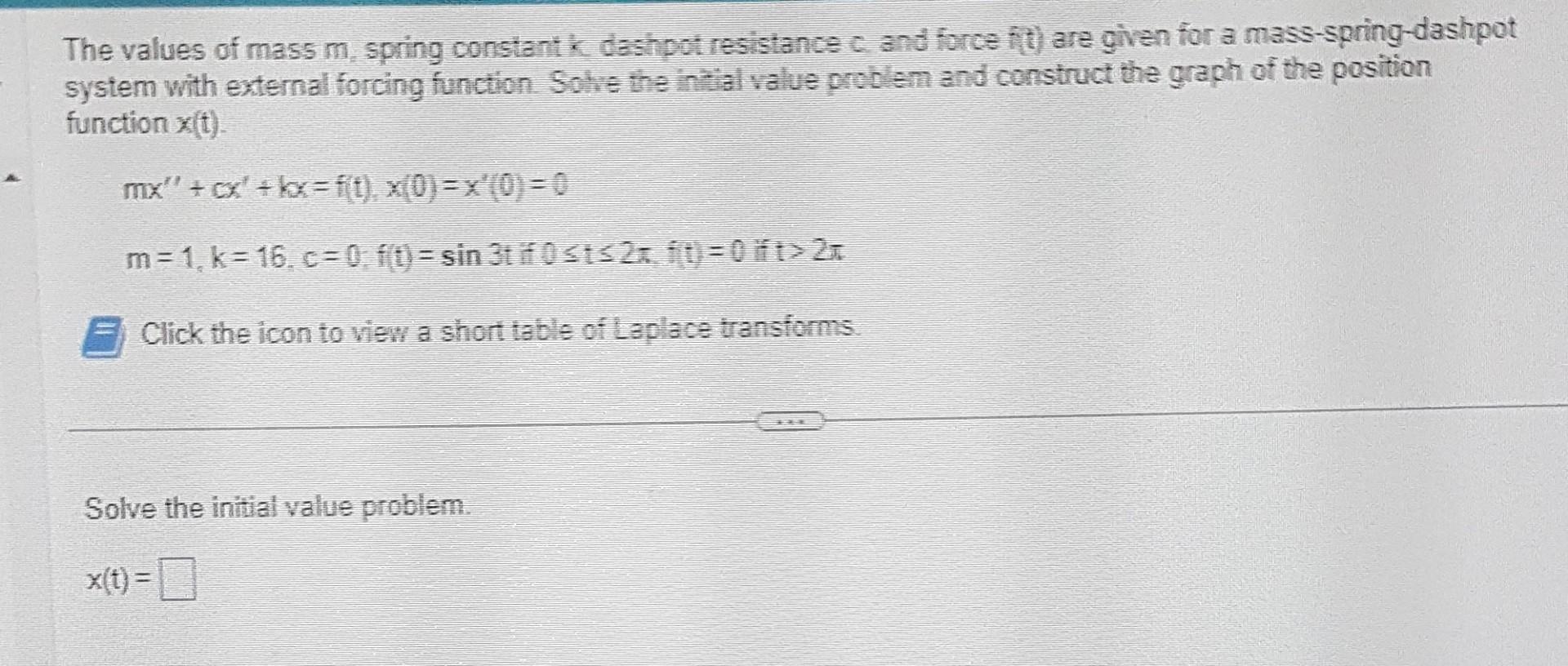 Solved The values of mass m, spring constant k, dashpot | Chegg.com