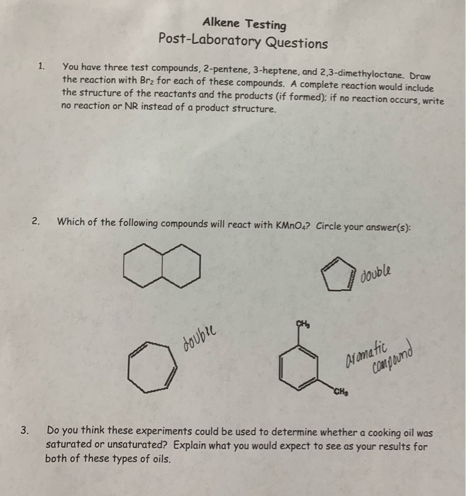 Solved Alkene Testing Data Sheet Experiment 1: Reactions | Chegg.com