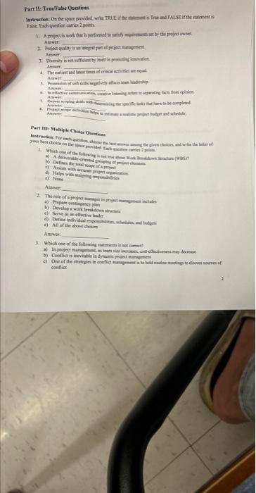 Part I: Short Answer Questions Instruction: Each | Chegg.com