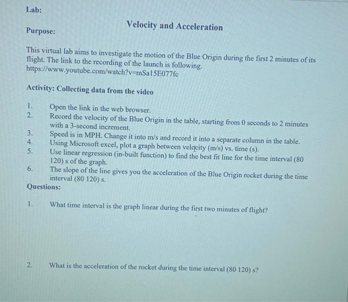 Lab: Velocity and Acceleration Purpose: This virtual | Chegg.com