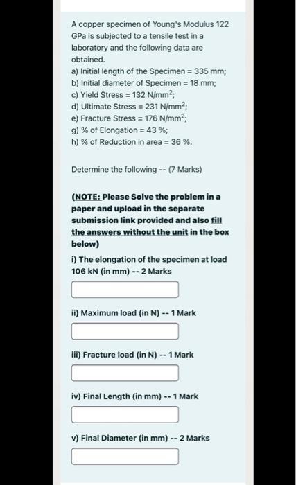 Solved A copper specimen of Young's Modulus 122 GPa is | Chegg.com