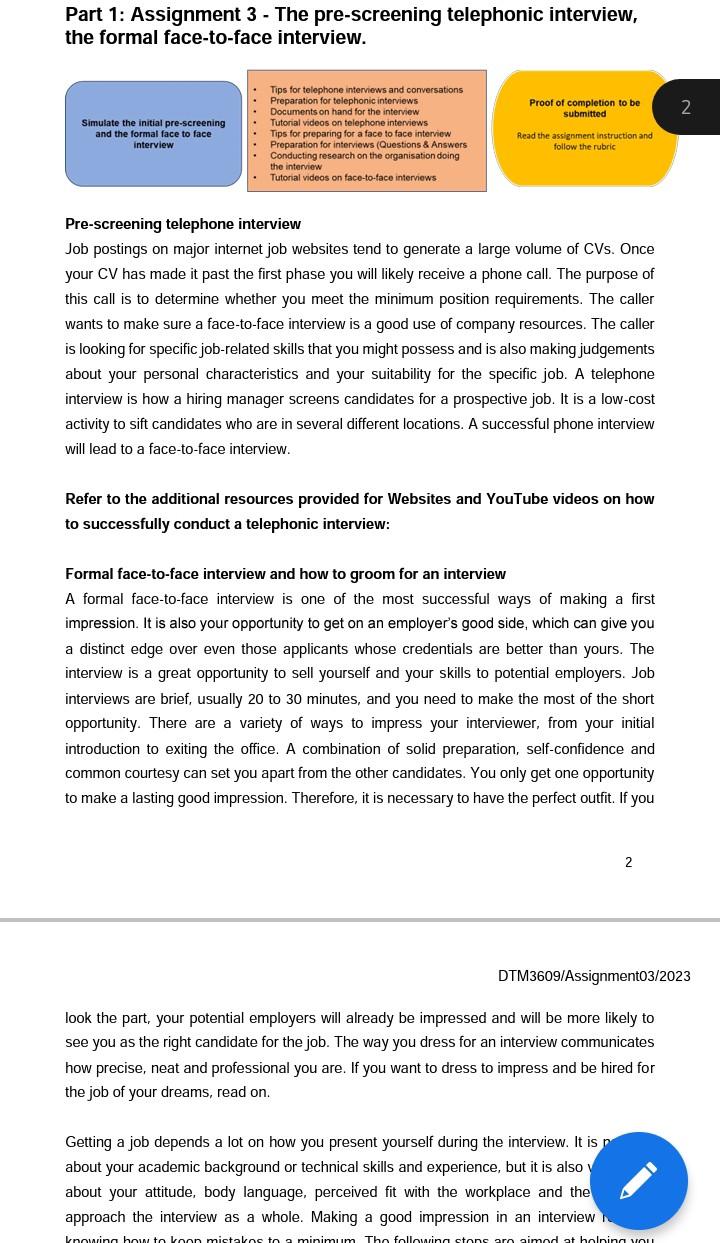 Part 1: Assignment 3 - The pre-screening telephonic | Chegg.com