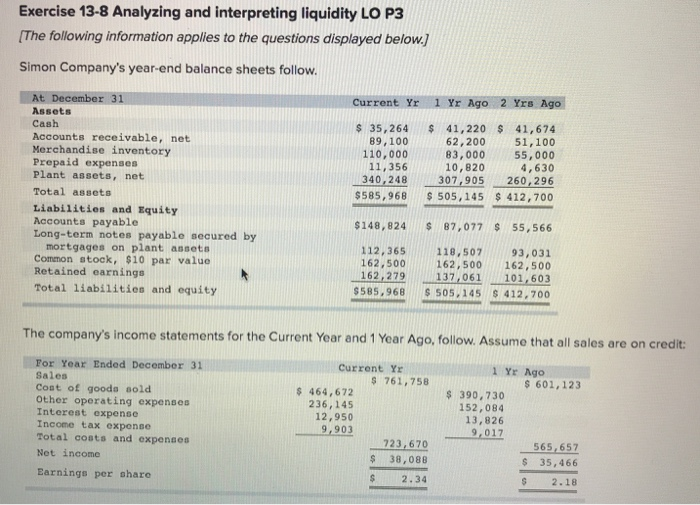 Solved Exercise 13-8 Analyzing and interpreting liquidity LO | Chegg.com