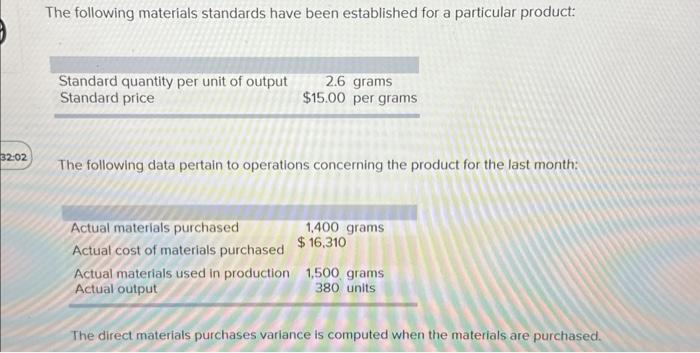 Solved The following materials standards have been | Chegg.com