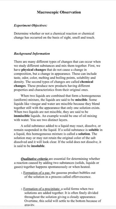 Macroscopic Observation Experiment Objectives: | Chegg.com