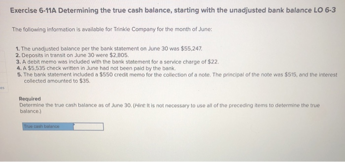 Solved Exercise 6-11A Determining the true cash balance, | Chegg.com