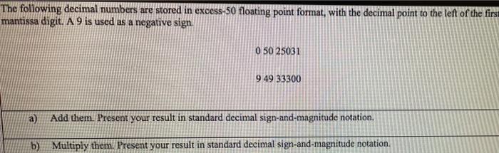 Solved The following decimal numbers are stored in excess-50 | Chegg.com