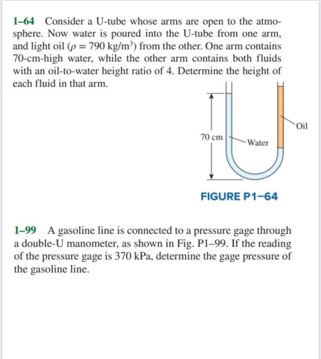 Solved 1-64 Consider a U-tube whose arms are open to the | Chegg.com