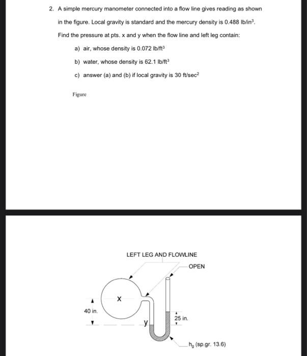 Solved 2. A simple mercury manometer connected into a filow | Chegg.com