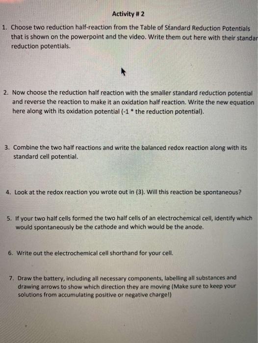 Solved Activity #2 1. Choose two reduction half-reaction | Chegg.com
