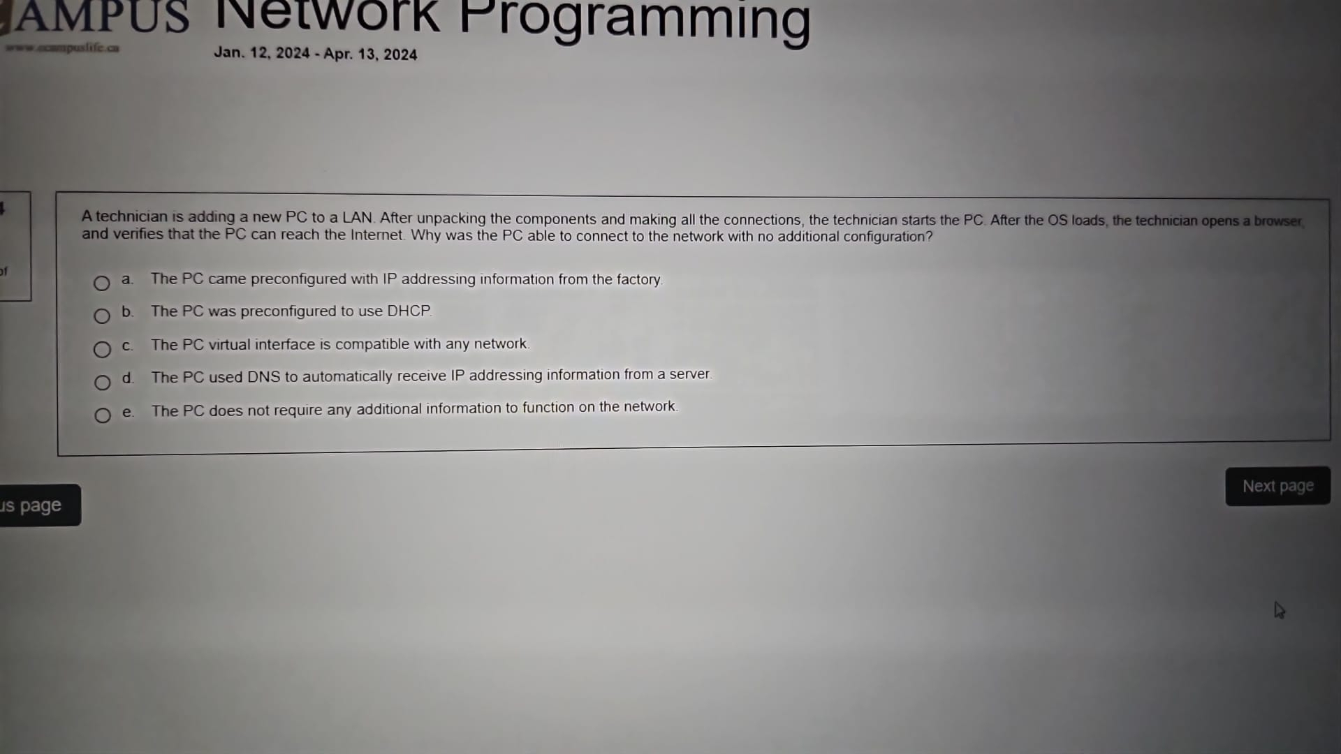 Solved AMPUS Ivetwork ProgrammingJan. 12, 2024 - ﻿Apr. | Chegg.com