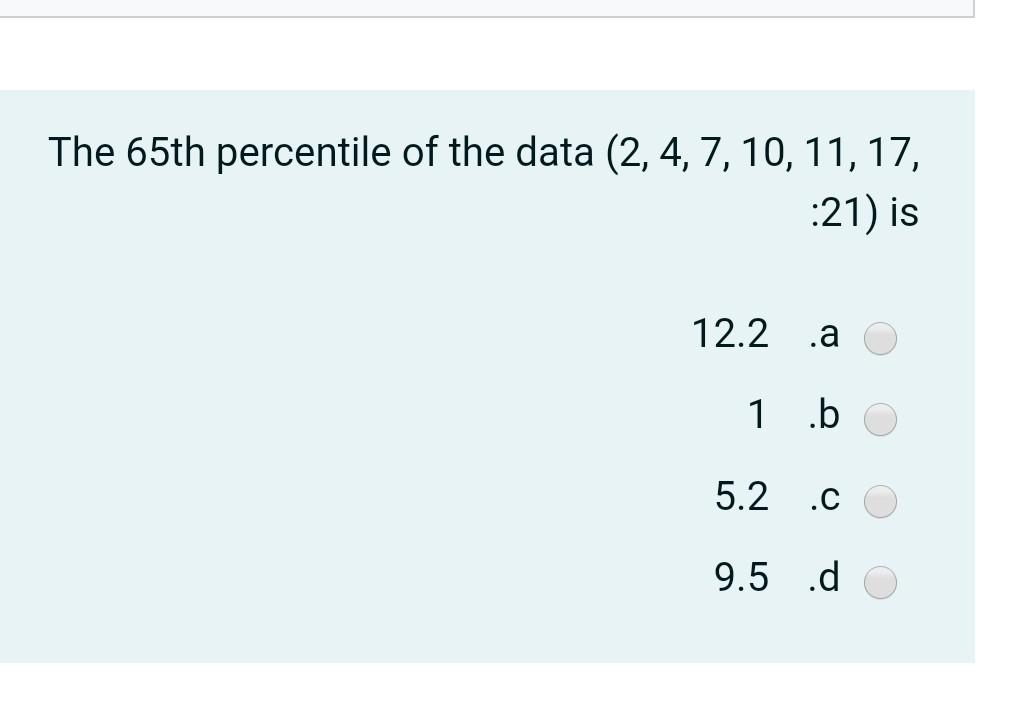 Solved The 65th percentile of the data (2, 4, 7, 10, 11, 17, | Chegg.com