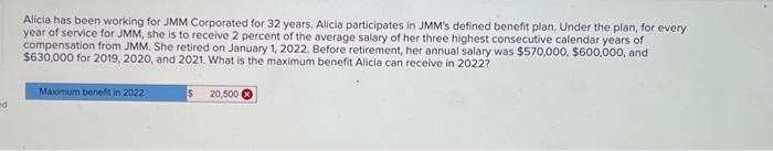 Solved Alicia has been working for JMM Corporated for 32 | Chegg.com