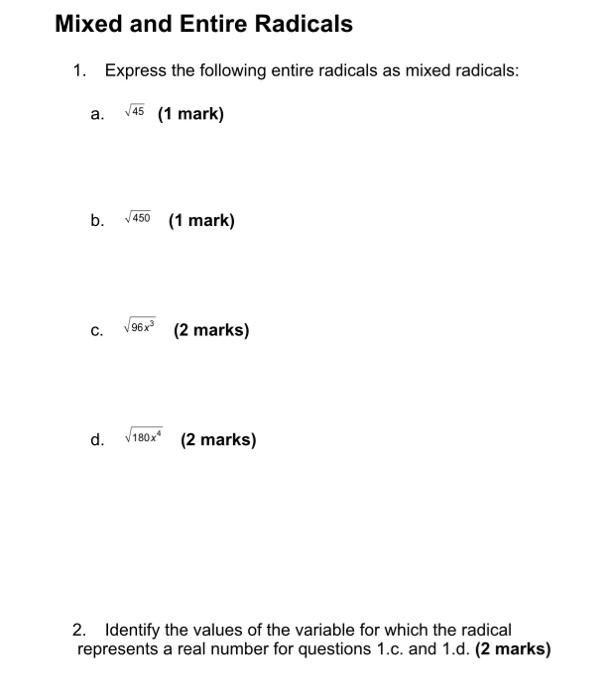 Solved Mixed and Entire Radicals 1. Express the following | Chegg.com