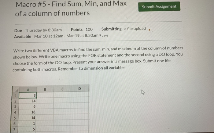 Solved Macro 5 Find Sum Min And Max Of A Column Of