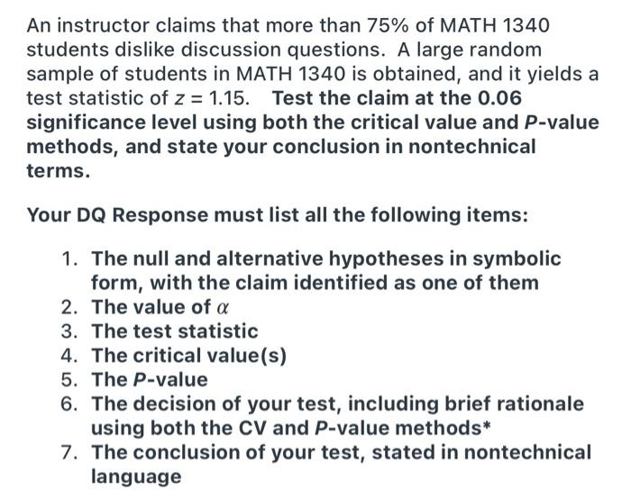 Solved An instructor claims that more than 75% of MATH 1340 | Chegg.com