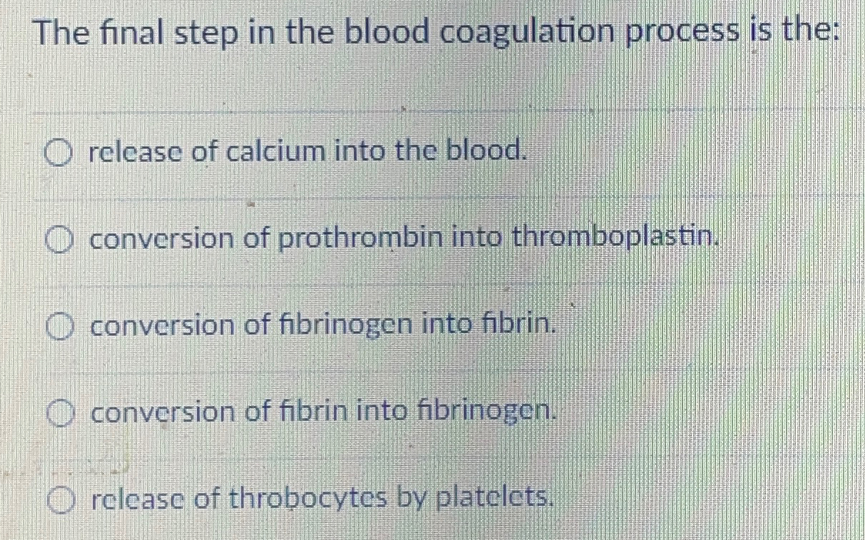 Solved The final step in the blood coagulation process is | Chegg.com
