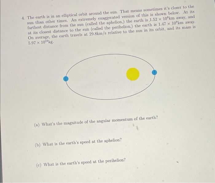 Solved 4. The earth is in an elliptical orbit around the | Chegg.com