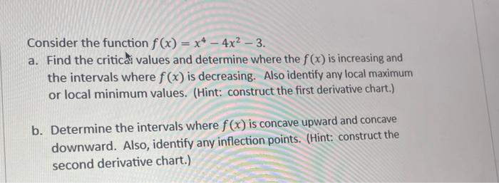 Solved Consider the function f(x)=x4−4x2−3. a. Find the | Chegg.com