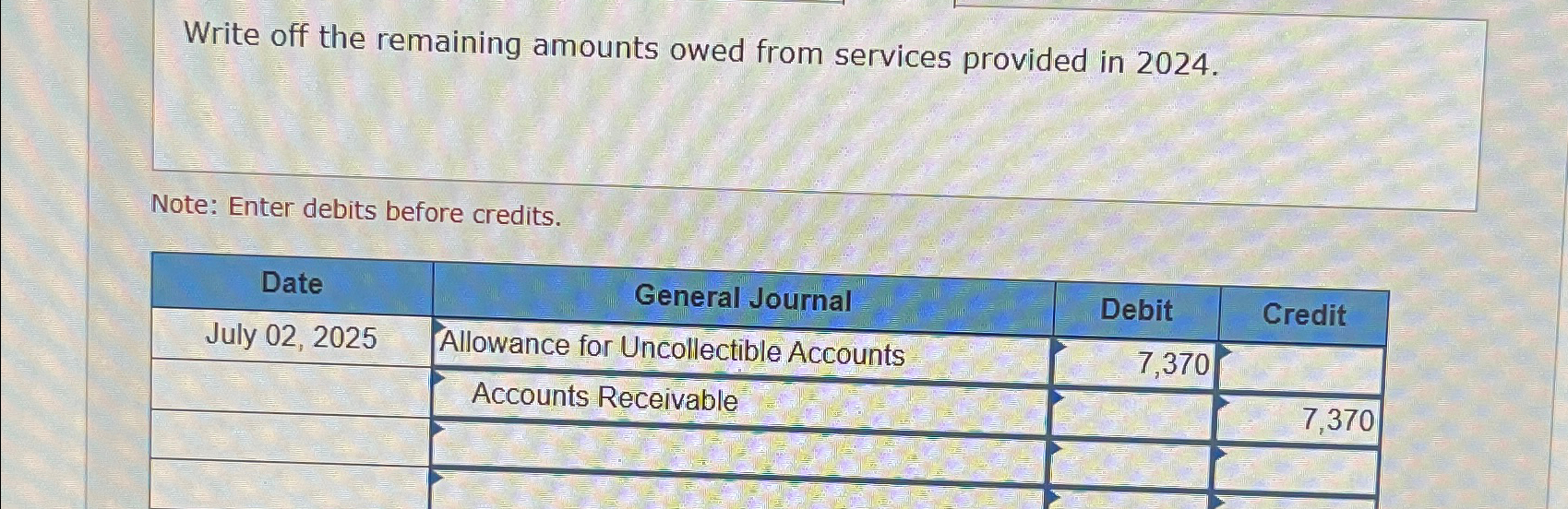 Write off the remaining amounts owed from services | Chegg.com