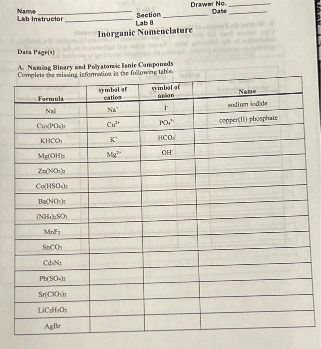 Solved Drawer No. Name Lab Instructor Section Date Lab 8 | Chegg.com