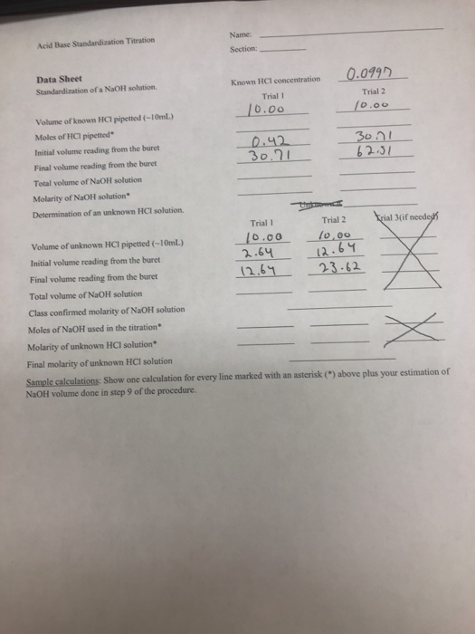 Solved Acid Base Standardization Titration Name: Section | Chegg.com