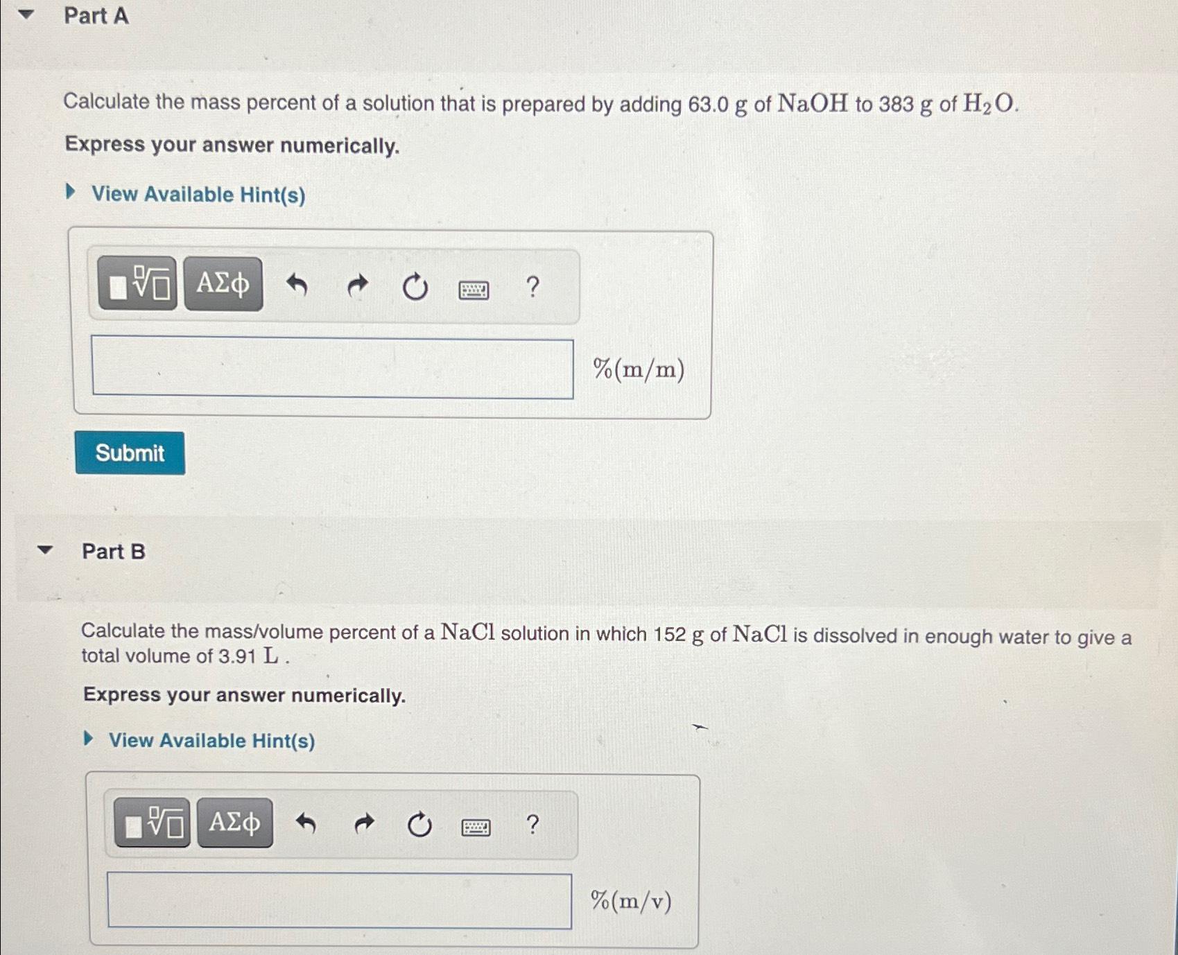 Solved Part ACalculate the mass percent of a solution that | Chegg.com