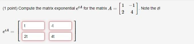 Solved (1 point) Compute the matrix exponential etA for the | Chegg.com