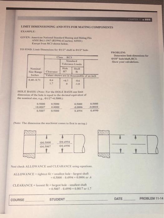 Solved LIMIT DIMENSIONING AND FITS FOR MATING COMPONENTS | Chegg.com