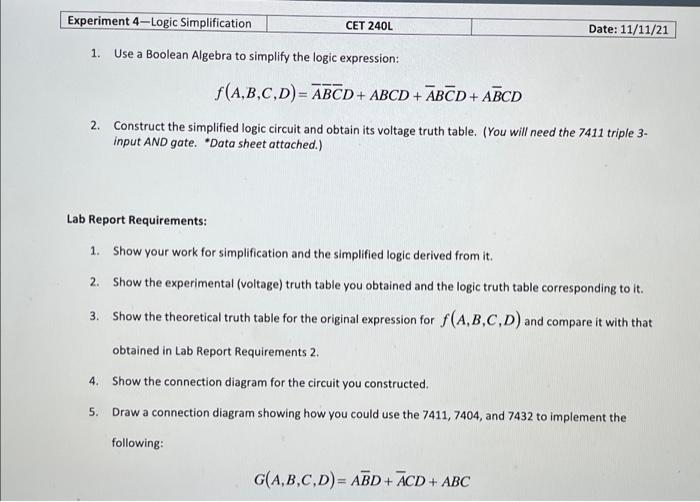 Solved Experiment 4-Logic Simplification CET 240L Date: | Chegg.com