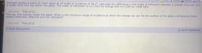 Solved Sunlight strikes a piece of crown glass at ari angle | Chegg.com