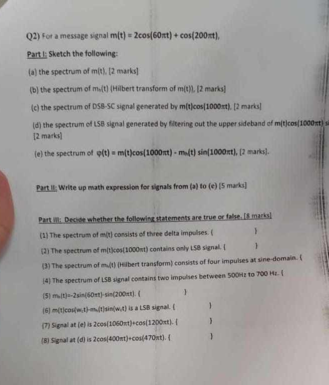 Solved Q2) ﻿For a message signal | Chegg.com