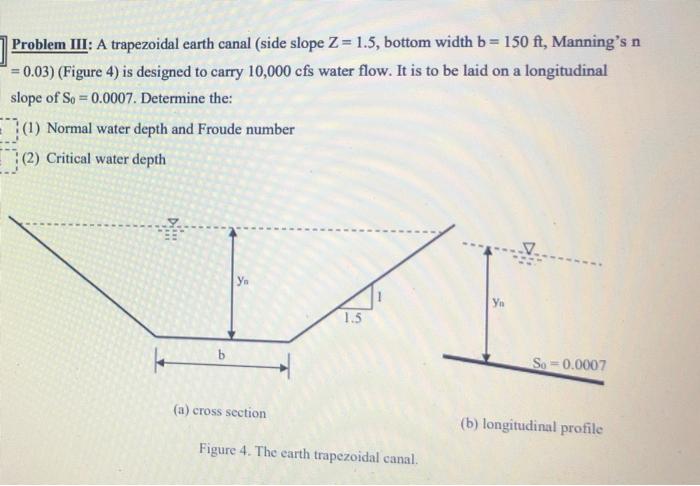Solved Problem III: A trapezoidal earth canal (side slope Z= | Chegg.com