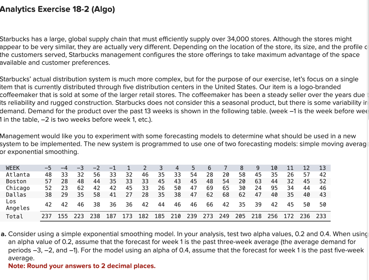 Analytics Exercise 18-2 (Algo)Starbucks has a large, | Chegg.com
